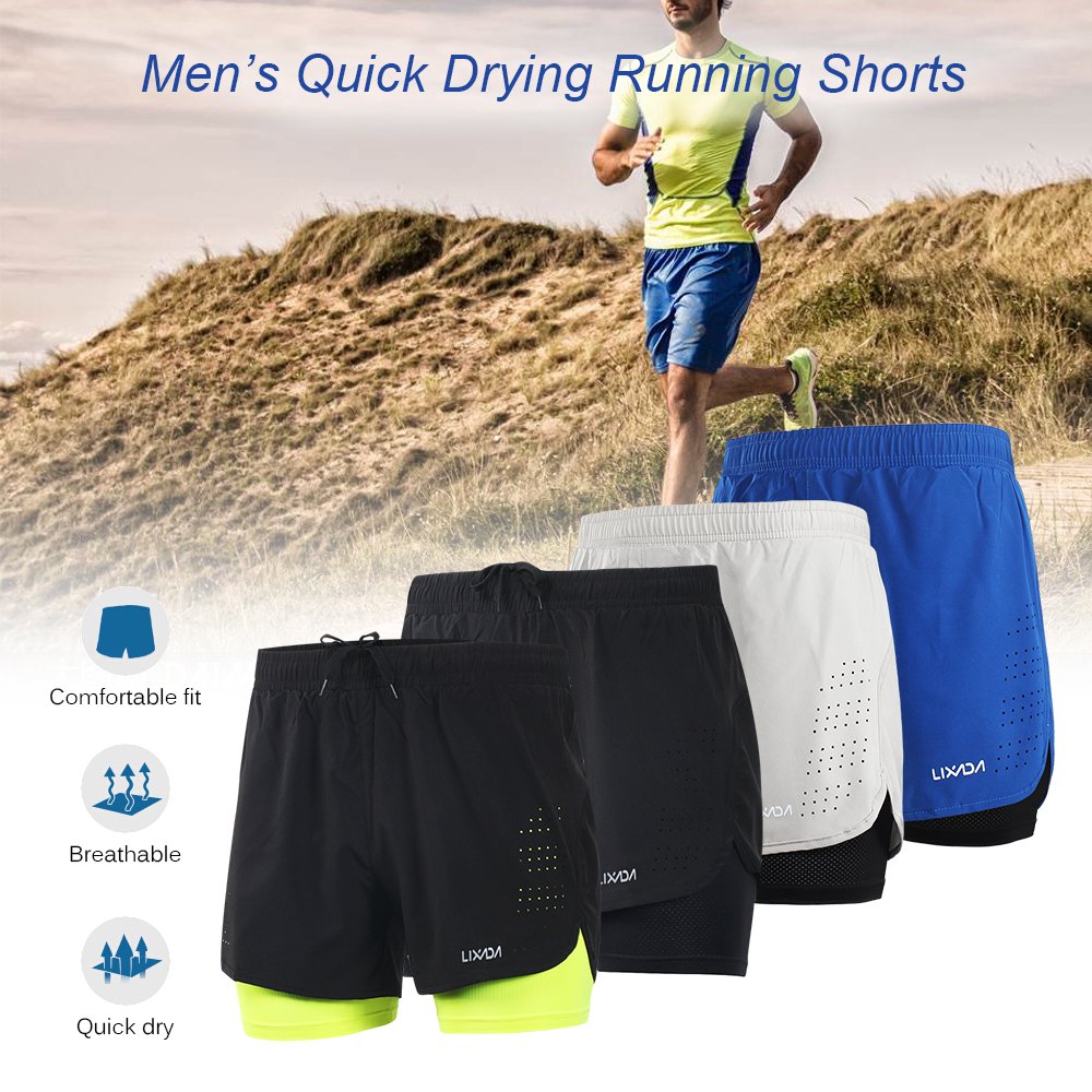 Lixada Men's 2-in-1 Running Shorts Quick Drying Breathable Active Training Exercise Jogging Cycling Shorts with Longer Liner & Reflective Elements