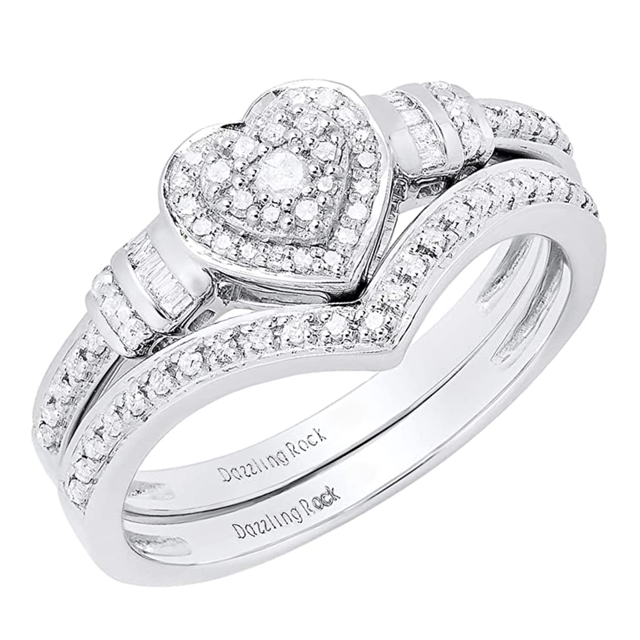 Dazzlingrock Collection 0.30 Carat Round & Baguette Diamond Heart Shaped Engagement Ring Set in 925 Sterling Silver Size 8