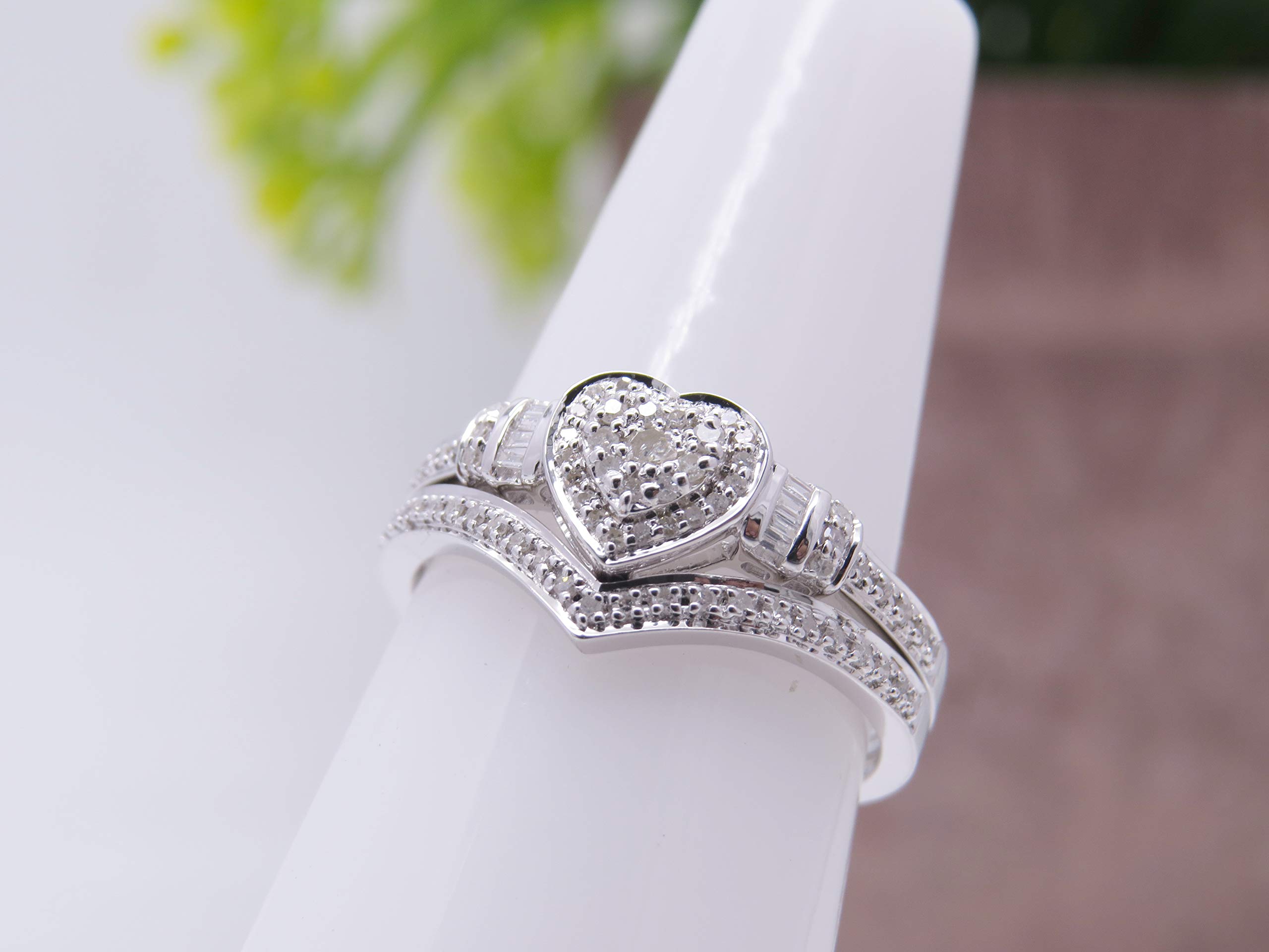 Dazzlingrock Collection 0.30 Carat Round & Baguette Diamond Heart Shaped Engagement Ring Set in 925 Sterling Silver Size 8