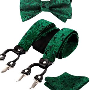 Alizeal Paisley Suspenders and Self Tied Bow Tie for Men with Pocket Square Set, Dark Green