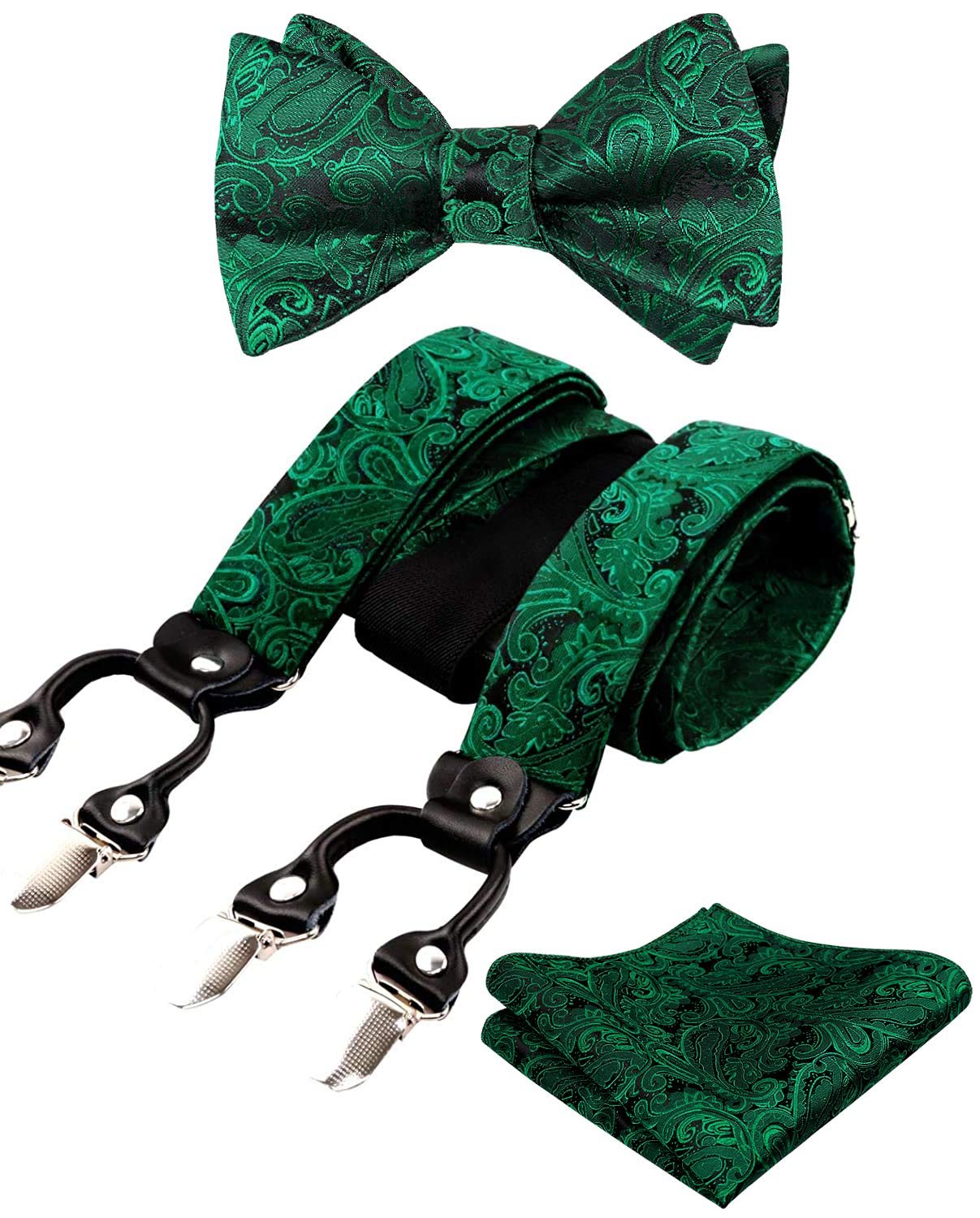 Alizeal Paisley Suspenders and Self Tied Bow Tie for Men with Pocket Square Set, Dark Green