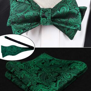 Alizeal Paisley Suspenders and Self Tied Bow Tie for Men with Pocket Square Set, Dark Green