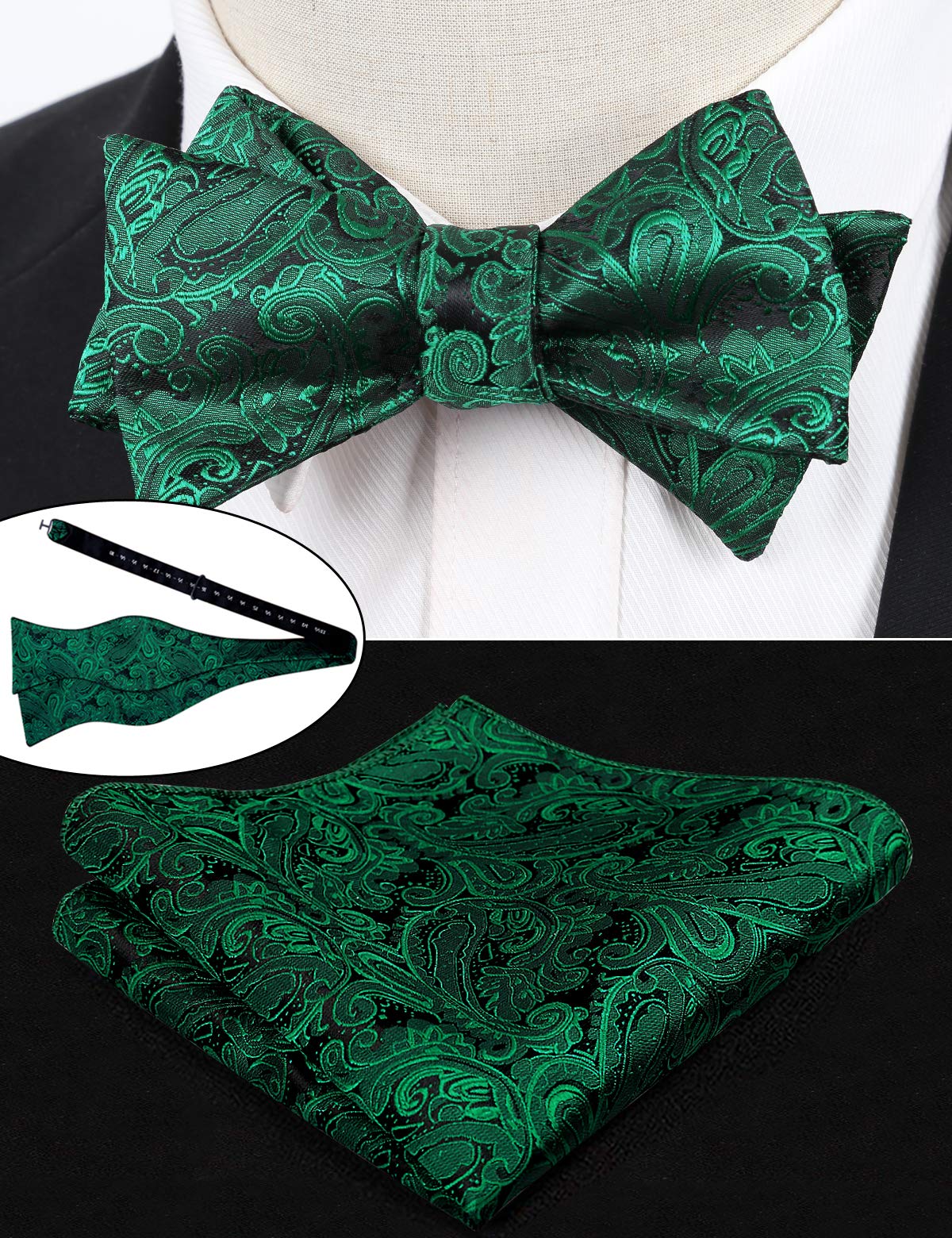 Alizeal Paisley Suspenders and Self Tied Bow Tie for Men with Pocket Square Set, Dark Green