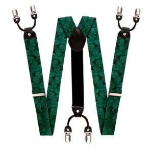 Alizeal Paisley Suspenders and Self Tied Bow Tie for Men with Pocket Square Set, Dark Green