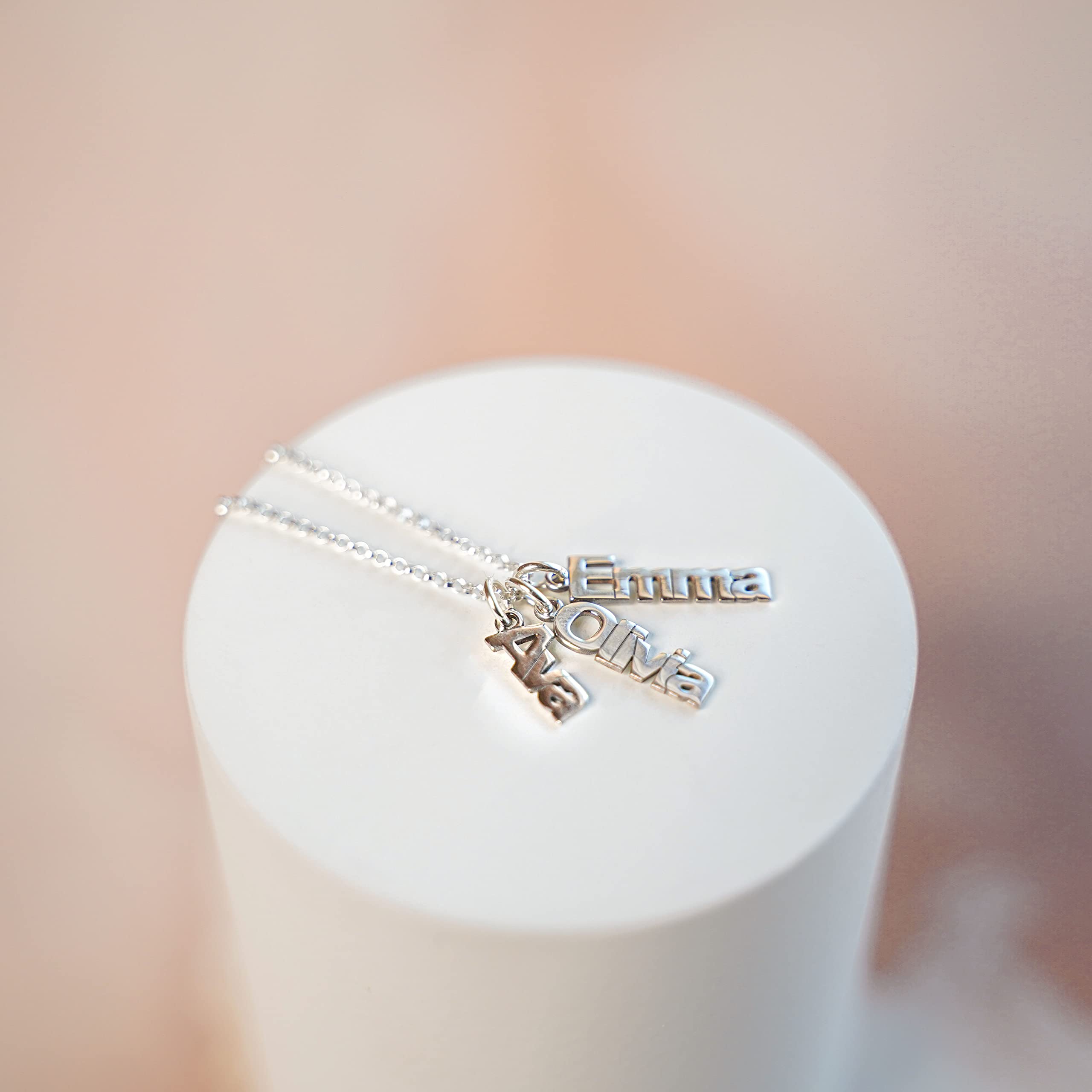 AJ's Collection Personalized Triple Sidelong Nameplate Sterling Silver Necklace. Customize Three Charms. Choice of Sterling Silver Chain. Keep The Key to Your Heart, Close to Your Heart for Couples.