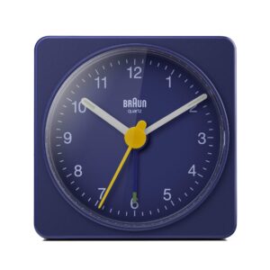 braun classic travel analogue clock, compact size, quiet quartz movement, crescendo beep alarm in blue, model bc02bl, one