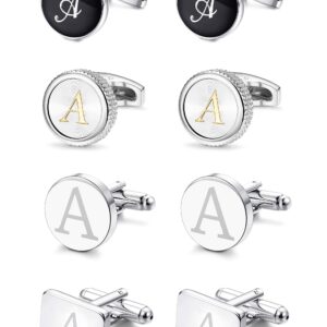 LOYALLOOK 4Pairs Initial A Men's Initial Letter Shirts Cufflinks Engraved Shirt Cufflink Alphabet Set Fashion Dazzle Tuxedo Cufflinks Business Wedding Father's DayGift