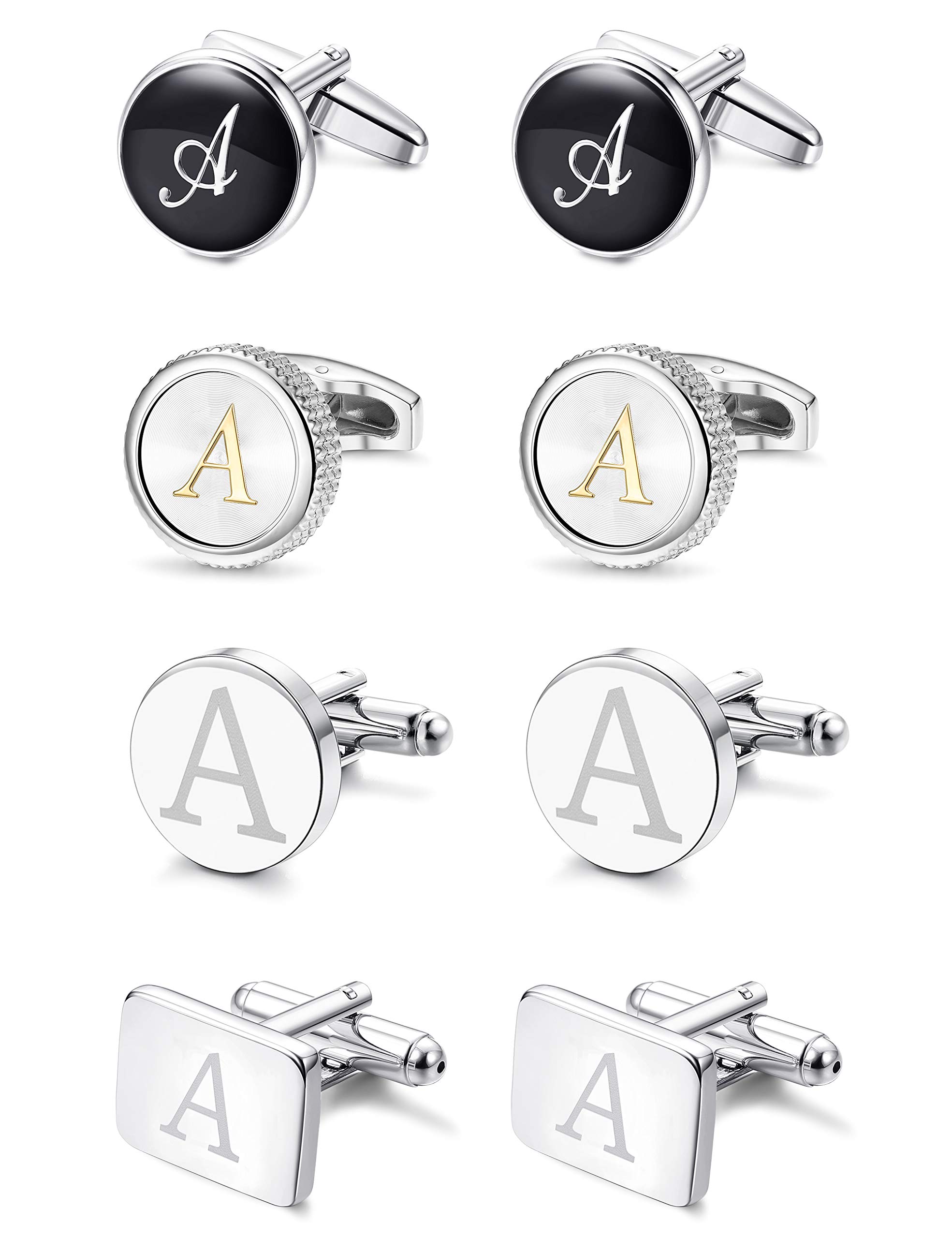 LOYALLOOK 4Pairs Initial A Men's Initial Letter Shirts Cufflinks Engraved Shirt Cufflink Alphabet Set Fashion Dazzle Tuxedo Cufflinks Business Wedding Father's DayGift