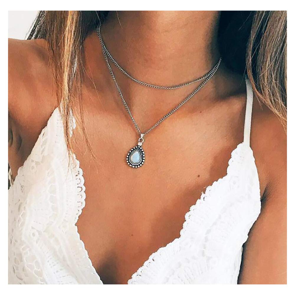 Aimimier Bohemia Layered Opal Choker Necklace Gemstone Necklace Teardrop Necklace Opal Gem Charm Pendant Necklace Gemstone Statement Jewelry for Women