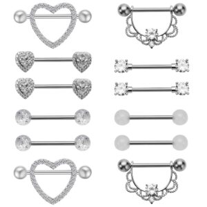 nasama stainless steel acrylic nipple rings tongue ring cz barbell heart-shape piercing body jewelry (6pair steel color)