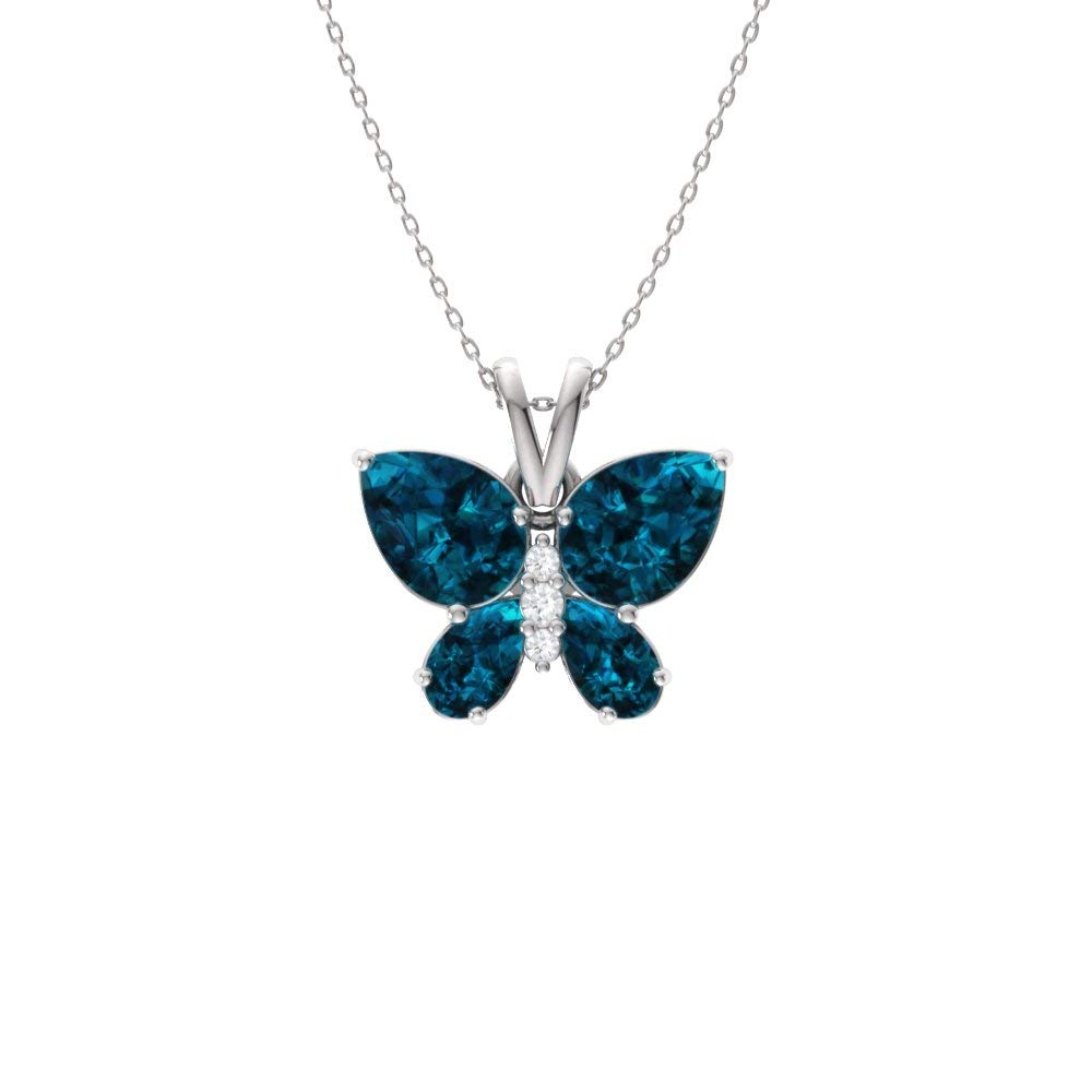 Diamondere Natural and Certified London Blue Topaz and Diamond Butterfly Petite Necklace in 14k White Gold | 1.11 Carat Pendant with Chain