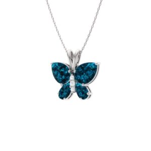 Diamondere Natural and Certified London Blue Topaz and Diamond Butterfly Petite Necklace in 14k White Gold | 1.11 Carat Pendant with Chain