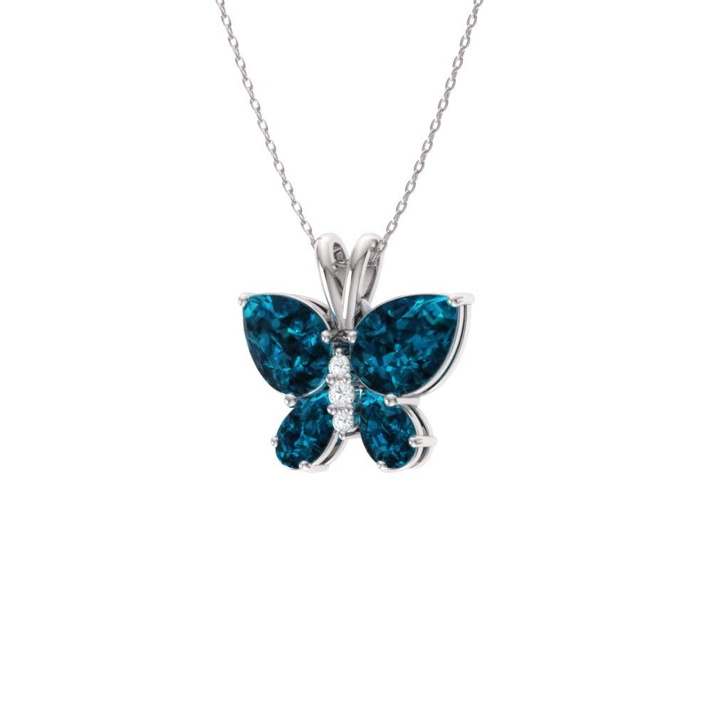 Diamondere Natural and Certified London Blue Topaz and Diamond Butterfly Petite Necklace in 14k White Gold | 1.11 Carat Pendant with Chain