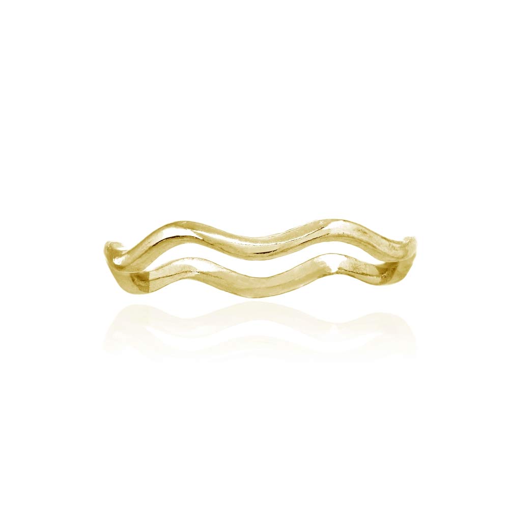 Hoops & Loops Sterling Silver Wavy Simple 2mm Thin Stackable Band Ring, Minimalist Midi Knuckle Thumb Ring for Women Teen Girls, Yellow Gold Size 5