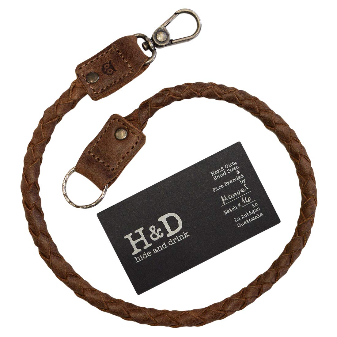 Hide & Drink, Braided Biker Chain, Key Lanyard for Wallet, Rustic Keychain, Keyring with Strap and Hook, Travel Accessories, Full Grain Leather, Handmade, Bourbon Brown