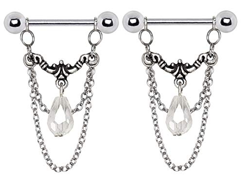 Pierced Owl Antique Victorian Double Chained CZ Crystal Chandelier Nipple Rings, Sold as a Pair