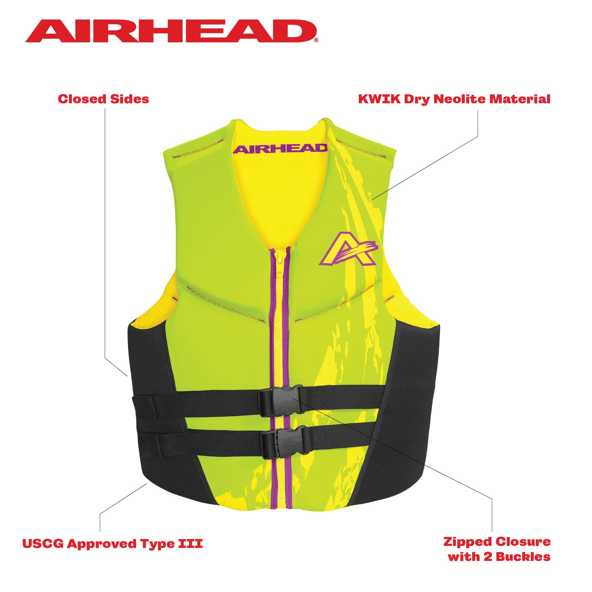 Airhead Swoosh Kwik-Dry Neolite Life Jacket, US Coast Goard Approved Type III Life Jacket, Adult and Youth Sizes