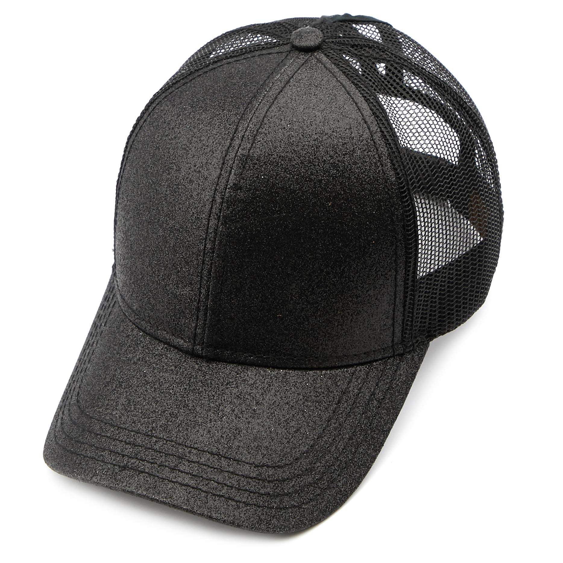 C.C Hatsandscarf Ponytail caps Messy Buns Trucker Plain Baseball Cap (BT-6) (Glitter-Black)