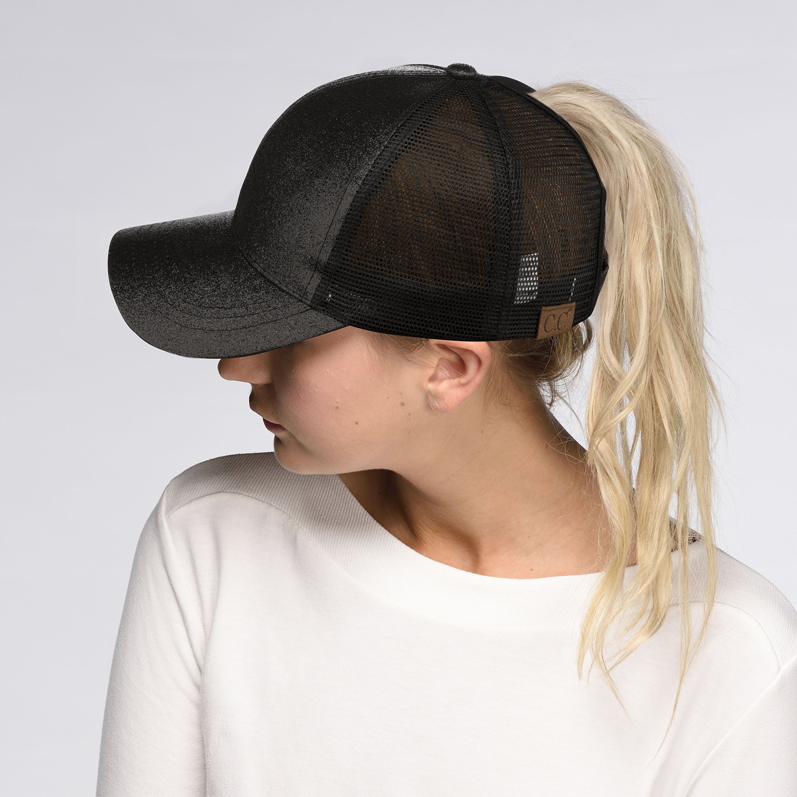 C.C Hatsandscarf Ponytail caps Messy Buns Trucker Plain Baseball Cap (BT-6) (Glitter-Black)