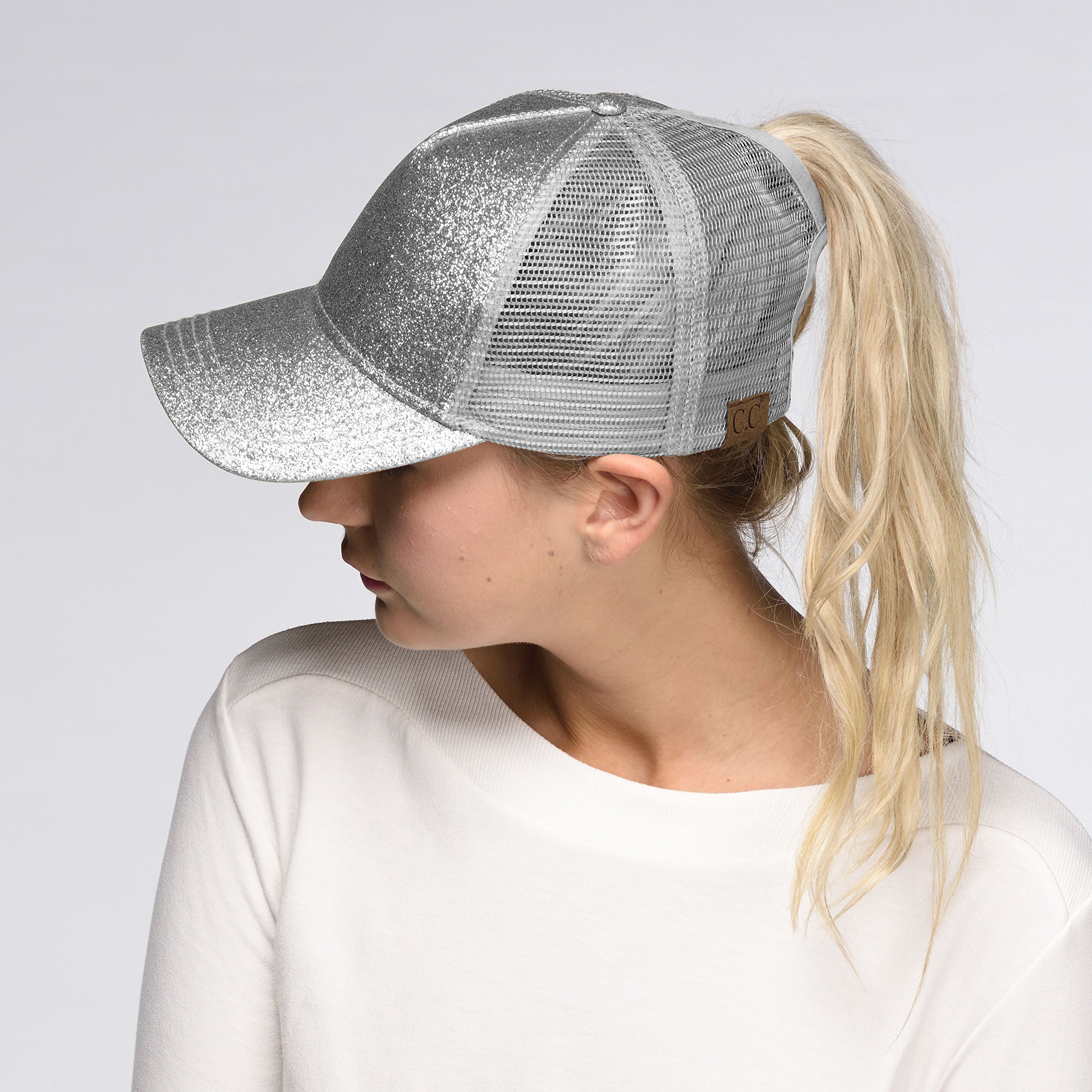 C.C Hatsandscarf Ponytail caps Messy Buns Trucker Plain Baseball Cap (BT-6) (Glitter-Grey)