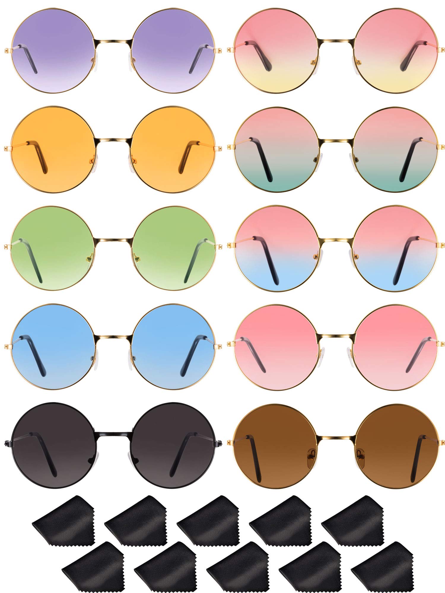 Blulu Round Hippie Sunglasses 10 Pairs 60's Style Colored Circle Glasses for Women Men (Cute Colors)