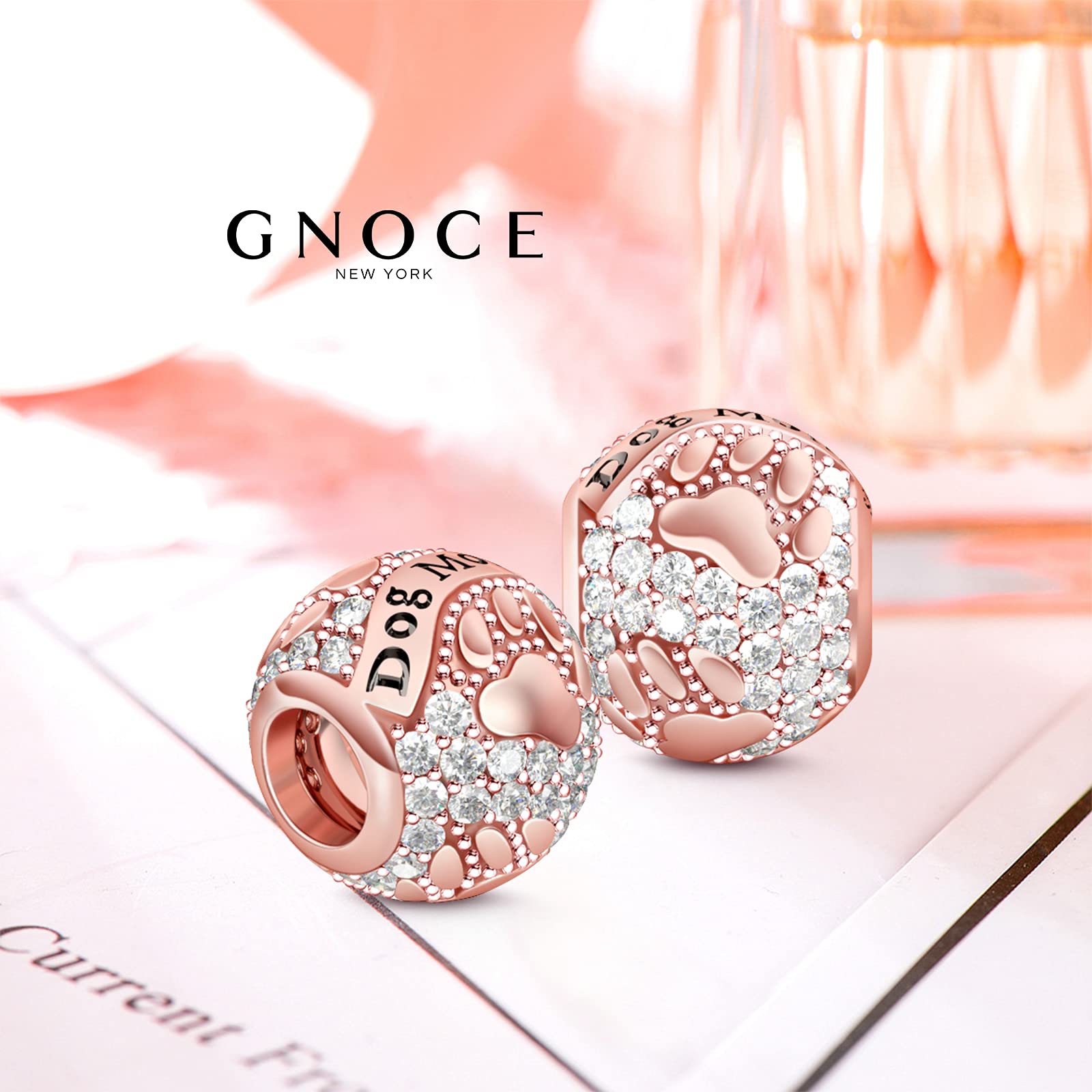 GNOCE Rose Gold Charms Sterling Silver Dog Mom Animal Charm Bead With Paw Prints Fit Bracelet/Necklace Jewelry Gift for Women Pet Lover