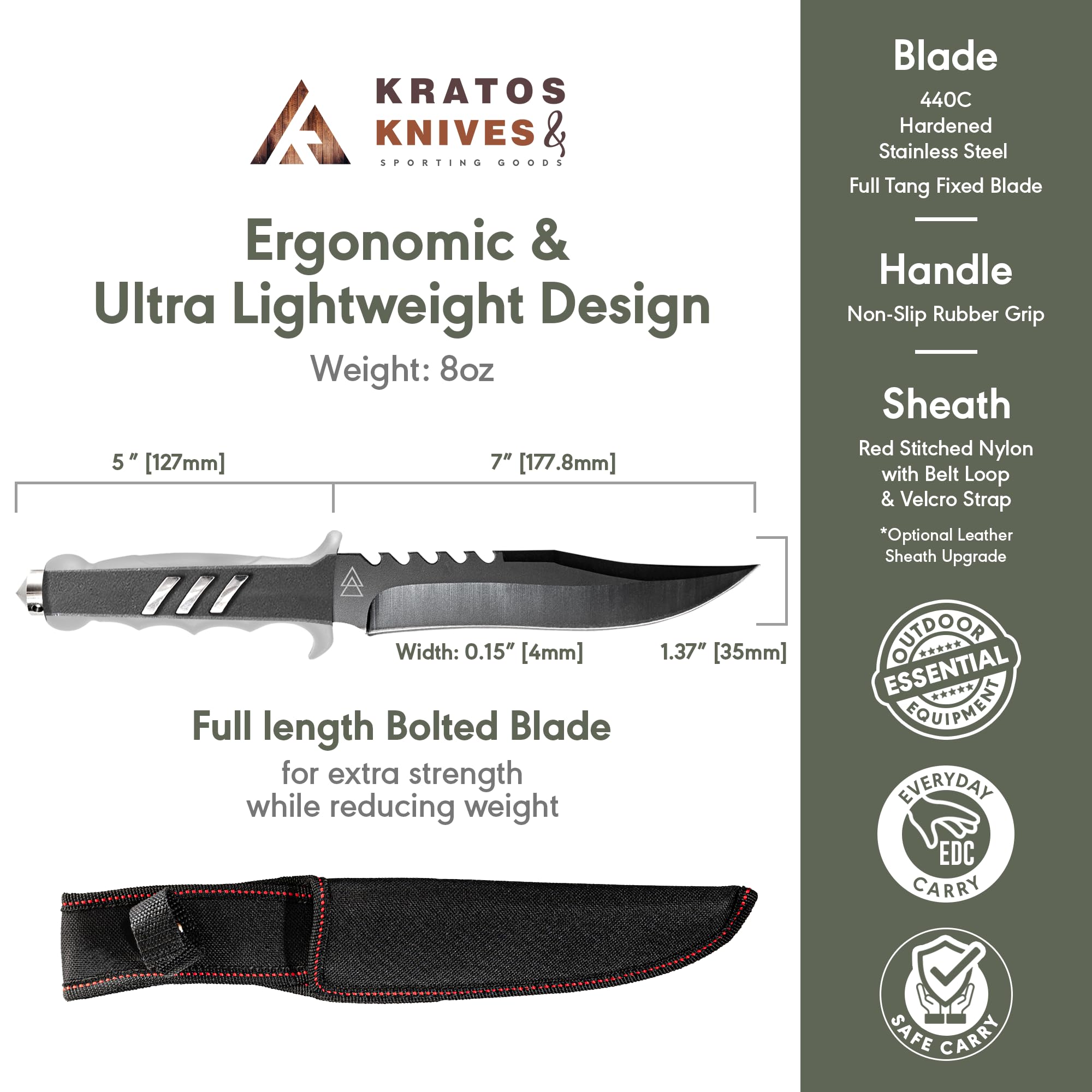 Fixed Blade Hunting Knife with Sheath, 12" Bushcraft Knife Full Tang, Stainless Steel EDC Fixed Blade Knife with Sheath, Rubber Handle by Kratos - ZF5