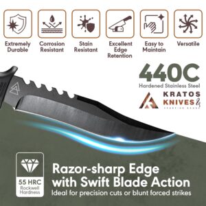 Fixed Blade Hunting Knife with Sheath, 12" Bushcraft Knife Full Tang, Stainless Steel EDC Fixed Blade Knife with Sheath, Rubber Handle by Kratos - ZF5