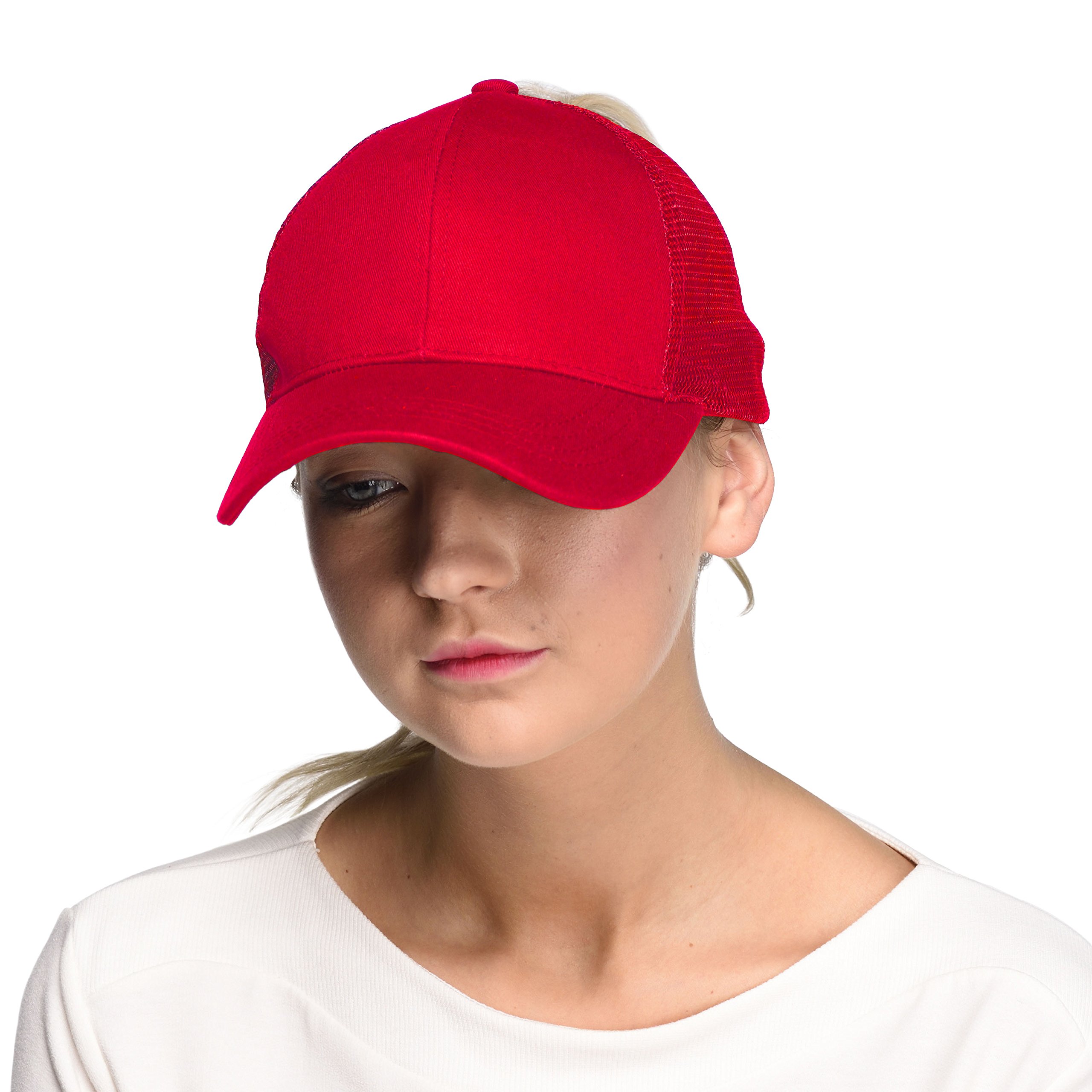 C.C Hatsandscarf Ponytail caps Messy Buns Trucker Plain Baseball Cap (BT-4) (Red)