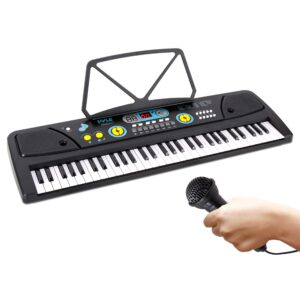 pyle digital piano kids keyboard - portable 61 key piano keyboard, learning keyboard for beginners w/ drum pad, recording, microphone, music sheet stand, built-in speaker- 3 4 5 6 year old girls, boys