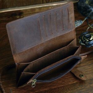 Le'aokuu Mens Genuine Leather Bifold Wallet Organizer Checkbook Removable Chain Wallet 3377