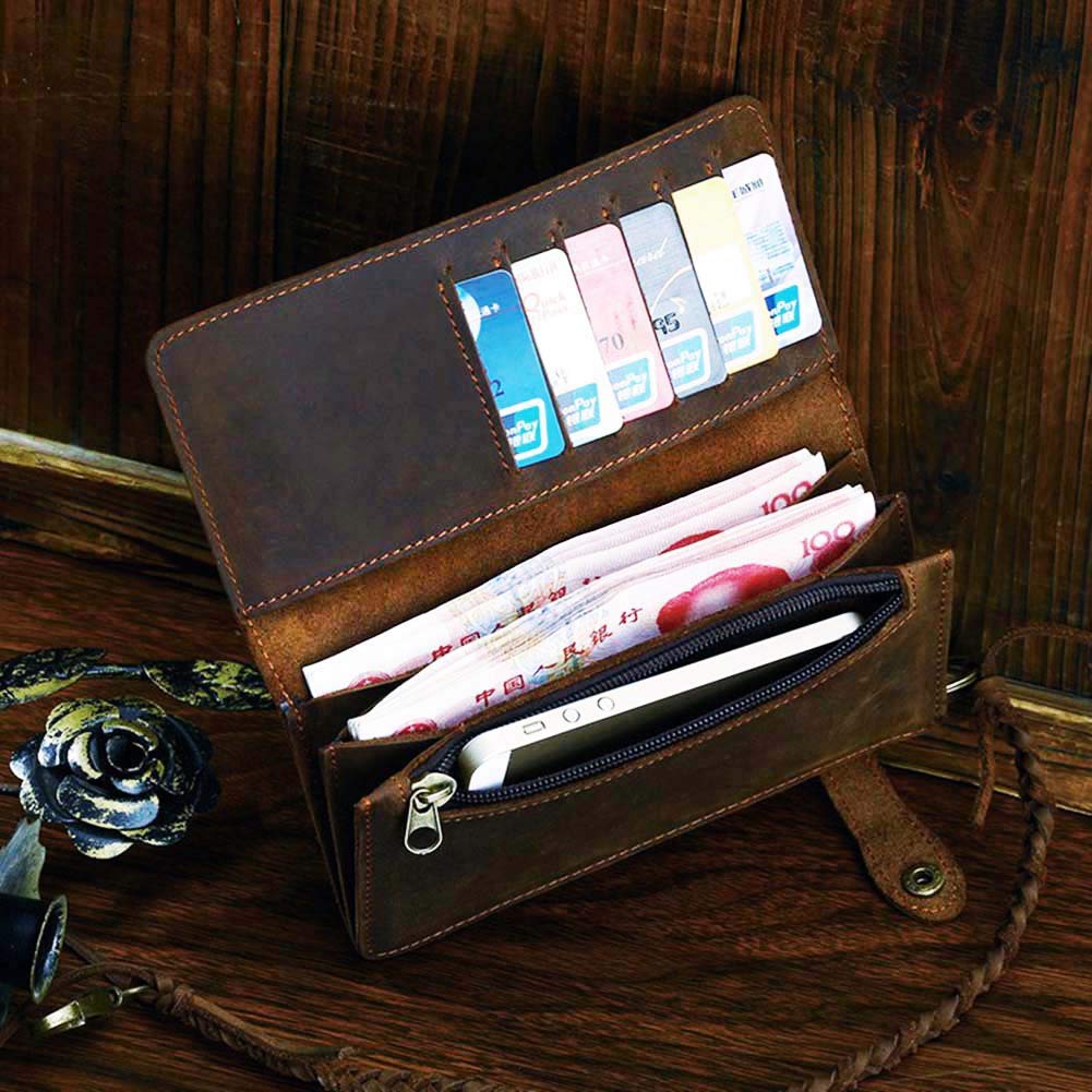 Le'aokuu Mens Genuine Leather Bifold Wallet Organizer Checkbook Removable Chain Wallet 3377