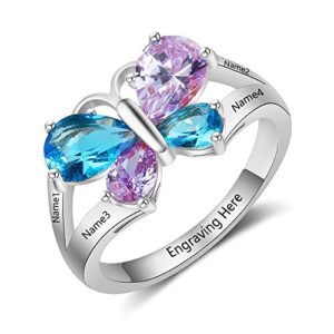 ashleymade personalized engraved name rings for mothers day rings with 4 simulated birthstones promise butterfly ring for women (silver, 7)