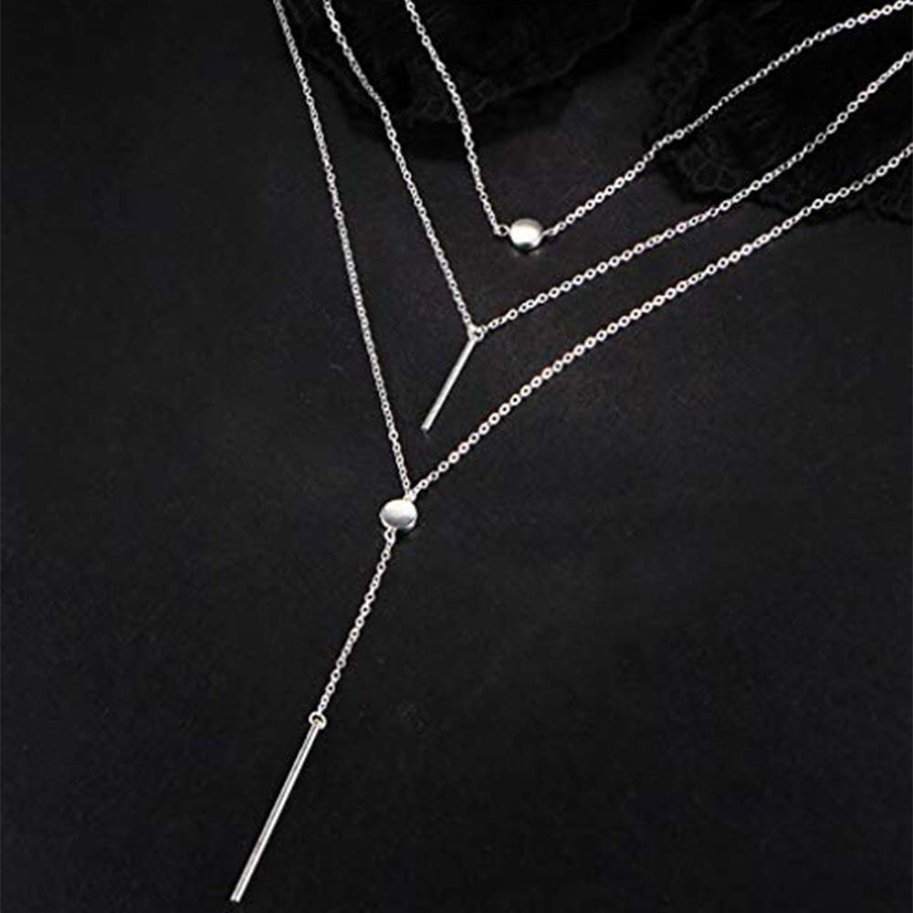 Chmier Bohemia Layered Choker Necklace Stick Bar Necklace Disc Necklace Coin Necklace Silver Bar Disc Pendant Necklace for Women