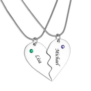 valyria personalized engraved stainless steel matching heart puzzle pendant his and hers necklace custom couple name necklaces(2 half heart-silver) va002