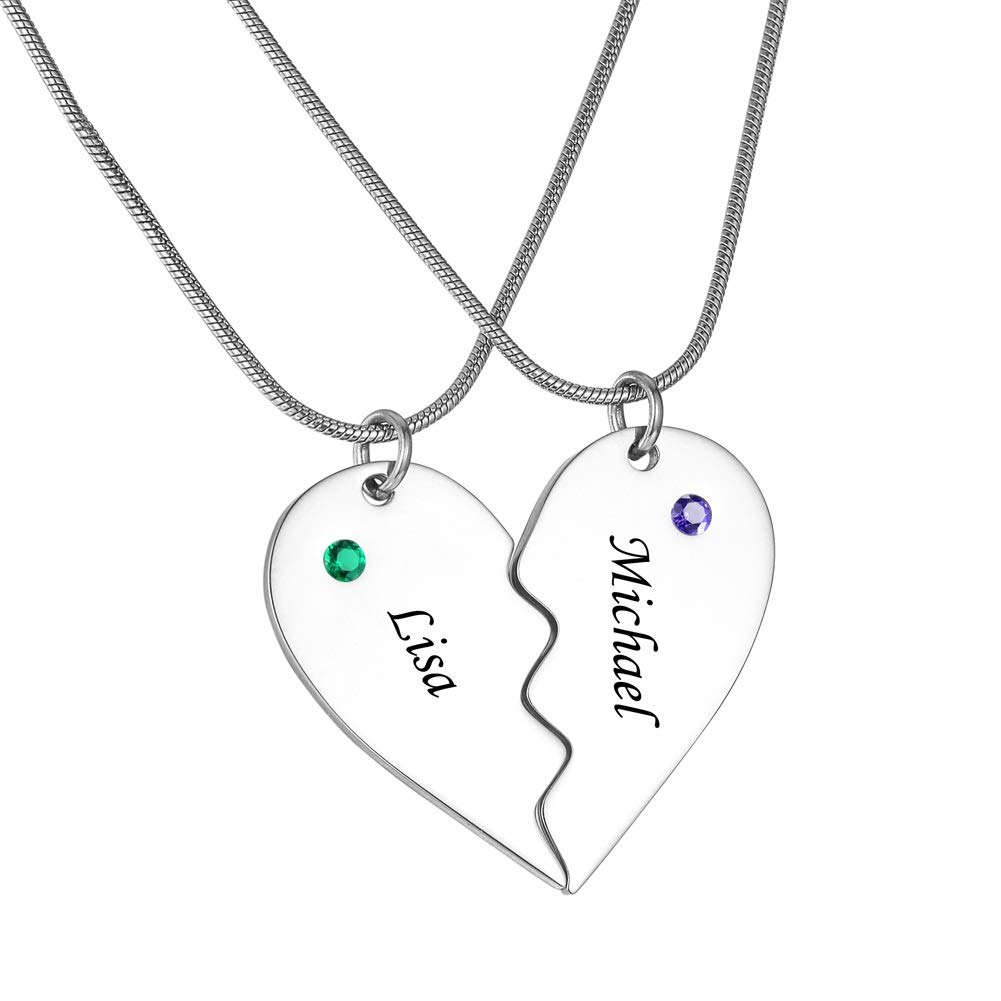 Valyria Personalized Engraved Stainless Steel Matching Heart Puzzle Pendant His and Hers Necklace Custom Couple Name Necklaces(2 Half Heart-Silver) VA002