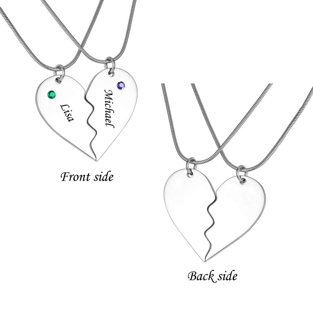 Valyria Personalized Engraved Stainless Steel Matching Heart Puzzle Pendant His and Hers Necklace Custom Couple Name Necklaces(2 Half Heart-Silver) VA002