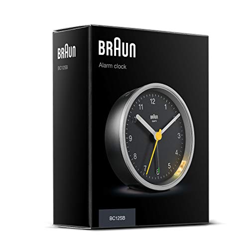 Braun Classic Analogue Alarm Clock with Snooze and Light, Quiet Quartz Movement, Crescendo Beep Alarm in Black and Silver, Model BC12SB.