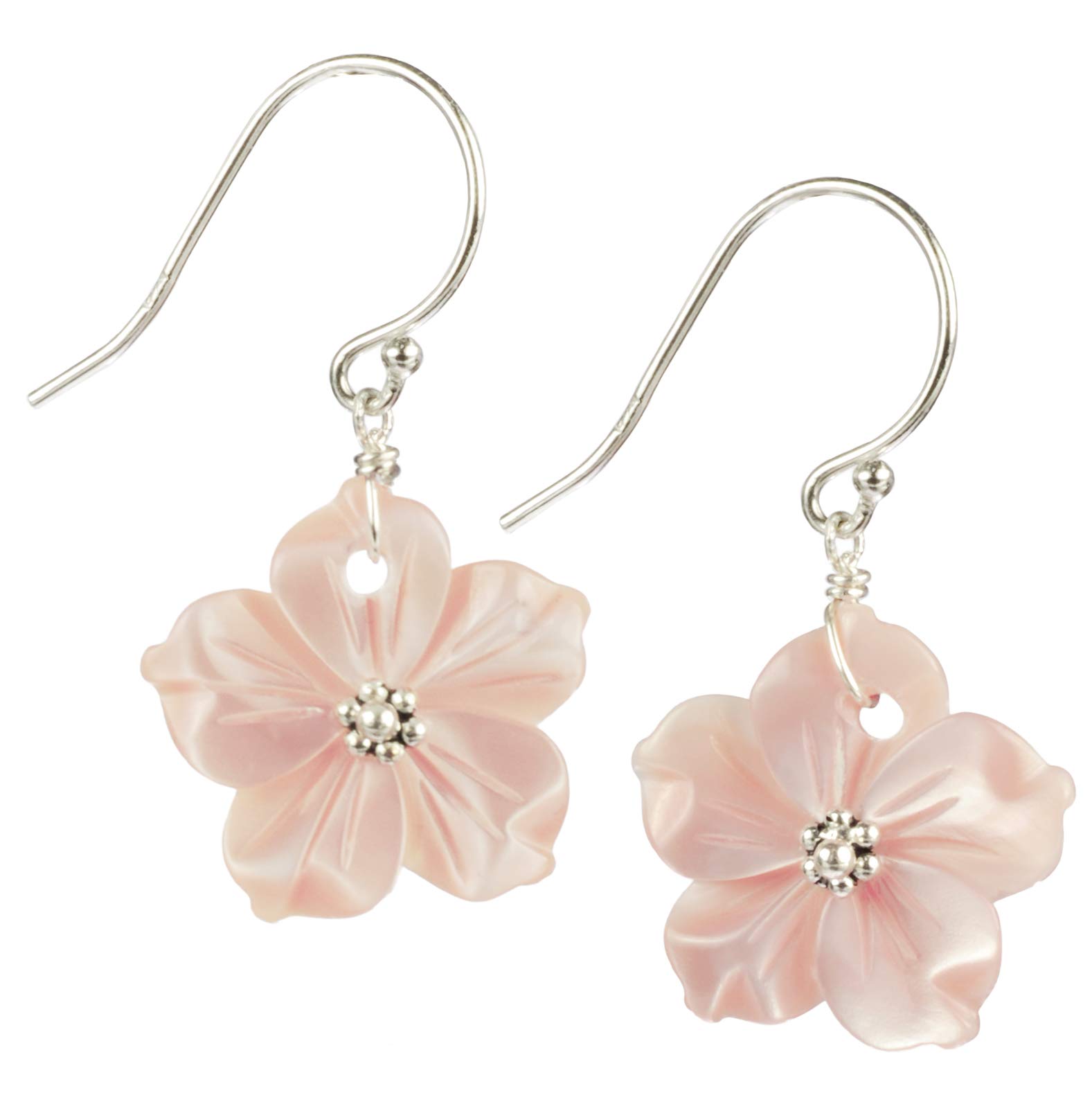 LTC Designs Pink Mother of Pearl Shell Flower Sterling Silver Dangle Earring with Fish Hook Ear Wires. Perfect for Momen and Teens