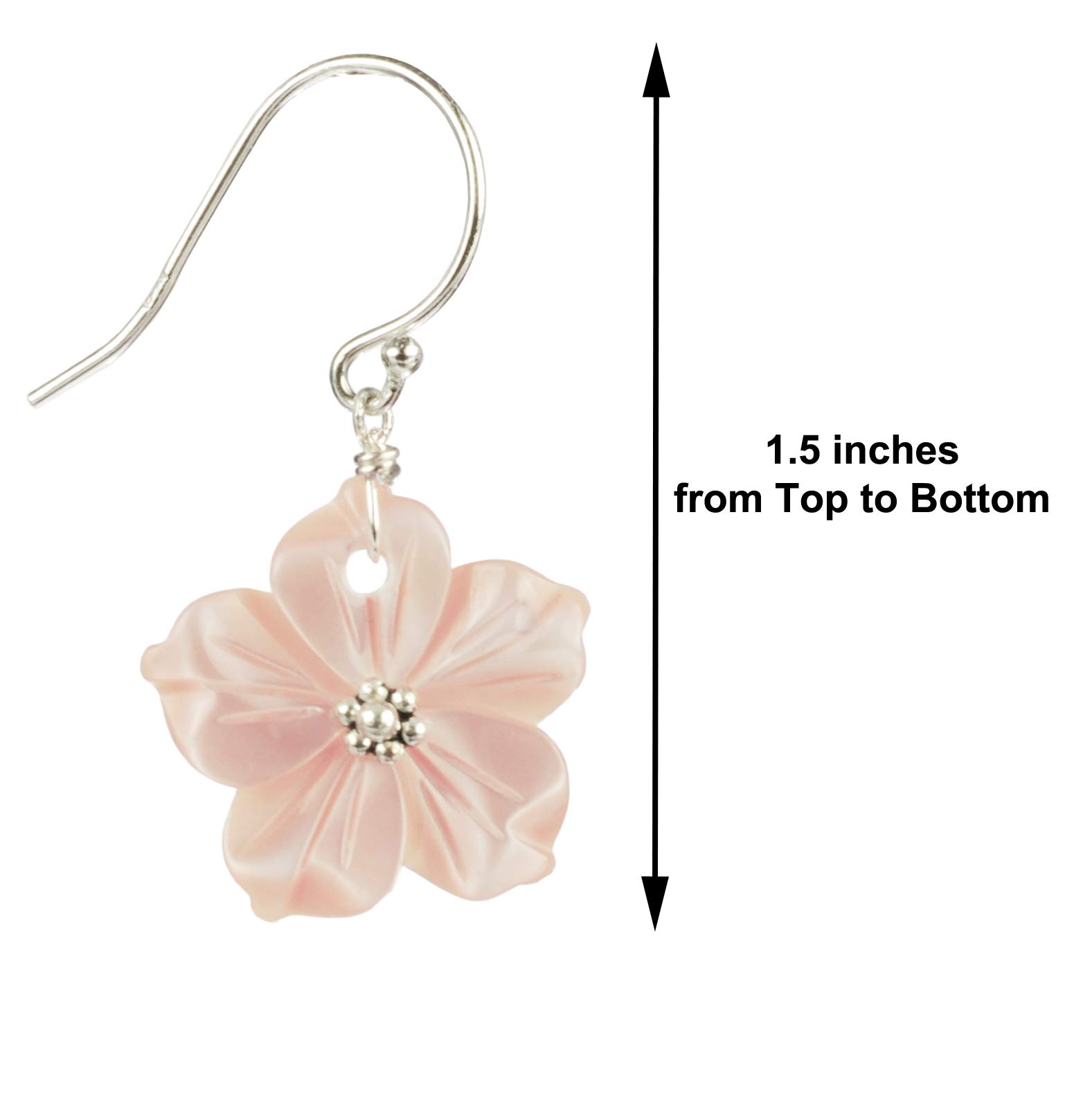 LTC Designs Pink Mother of Pearl Shell Flower Sterling Silver Dangle Earring with Fish Hook Ear Wires. Perfect for Momen and Teens