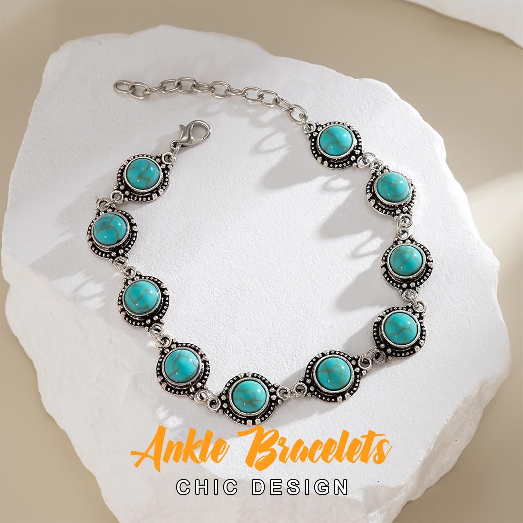 Nicute Boho Turquoise Anklet Silver Vintage Ankle Summer Beach Adjustable Foot Jewelry for Women