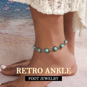 Nicute Boho Turquoise Anklet Silver Vintage Ankle Summer Beach Adjustable Foot Jewelry for Women