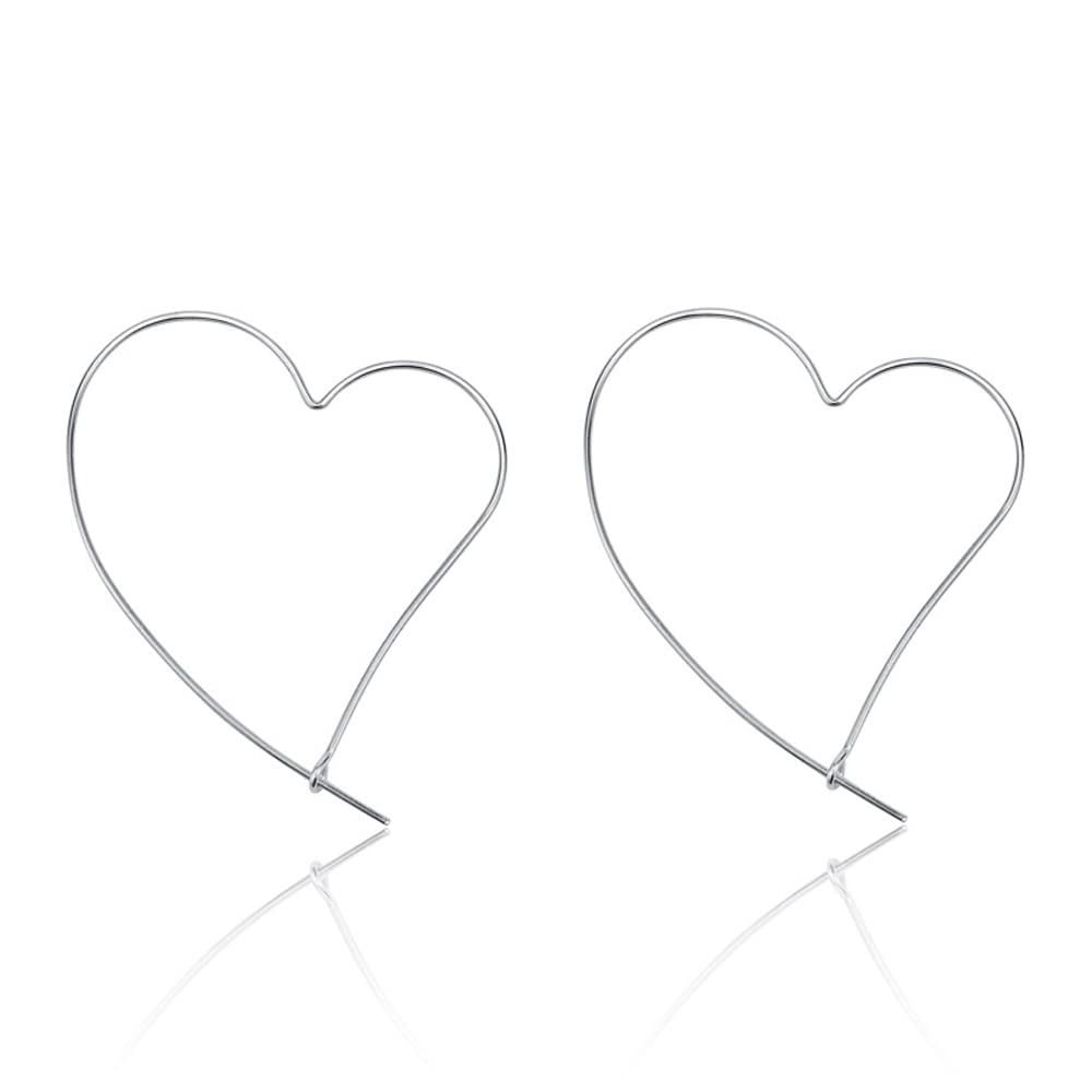 925 Sterling Silver Big Large Heart Hoop Earrings Threader Earrings for Women Thin Wire Lightweight 50mm for Women