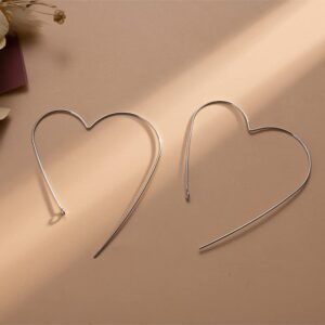 925 Sterling Silver Big Large Heart Hoop Earrings Threader Earrings for Women Thin Wire Lightweight 50mm for Women