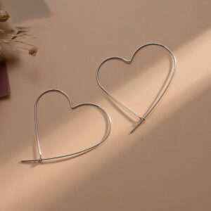 925 Sterling Silver Big Large Heart Hoop Earrings Threader Earrings for Women Thin Wire Lightweight 50mm for Women