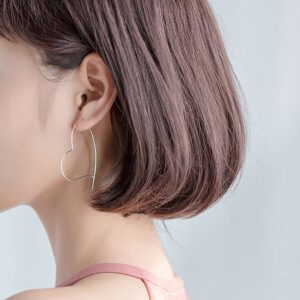 925 Sterling Silver Big Large Heart Hoop Earrings Threader Earrings for Women Thin Wire Lightweight 50mm for Women