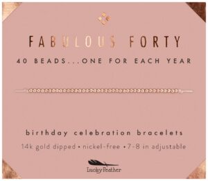 lucky feather 40th birthday gifts for women, 14k rose gold dipped beads bracelet on adjustable 7"- 8" cord - perfect 40th birthday gift ideas for her (rose-gold-plated-base)