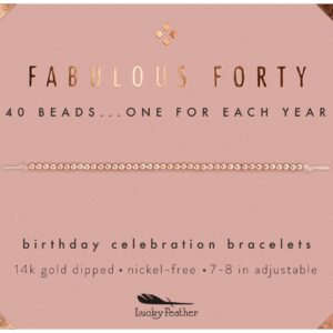 Lucky Feather 40th Birthday Gifts for Women, 14K Rose Gold Dipped Beads Bracelet on Adjustable 7"- 8" Cord - Perfect 40th Birthday Gift Ideas for Her (rose-gold-plated-base)