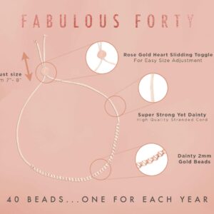 Lucky Feather 40th Birthday Gifts for Women, 14K Rose Gold Dipped Beads Bracelet on Adjustable 7"- 8" Cord - Perfect 40th Birthday Gift Ideas for Her (rose-gold-plated-base)