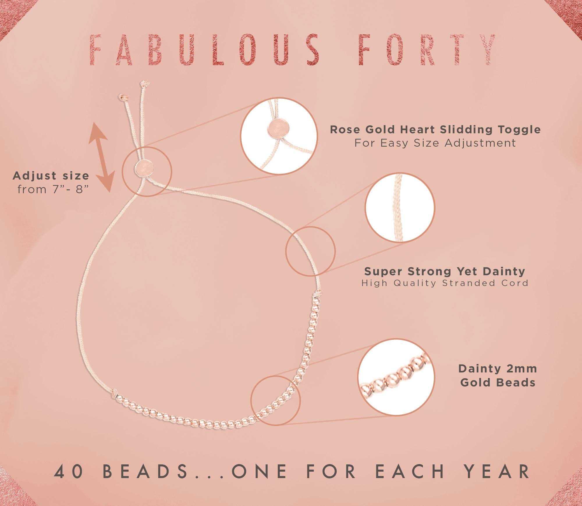 Lucky Feather 40th Birthday Gifts for Women, 14K Rose Gold Dipped Beads Bracelet on Adjustable 7"- 8" Cord - Perfect 40th Birthday Gift Ideas for Her (rose-gold-plated-base)